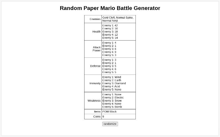Random Paper Mario Battle Generator