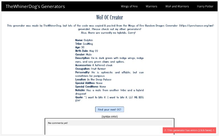 WoF OC Creator ― Perchance Generator