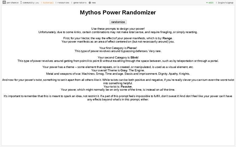 Mythos Power Randomizer ― Perchance Generator