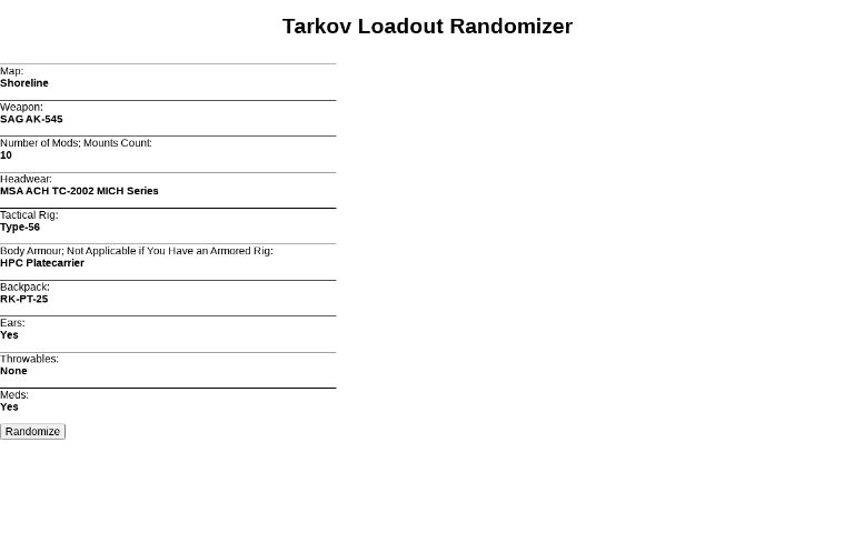 Tarkov Loadout Randomizer ― Perchance Generator