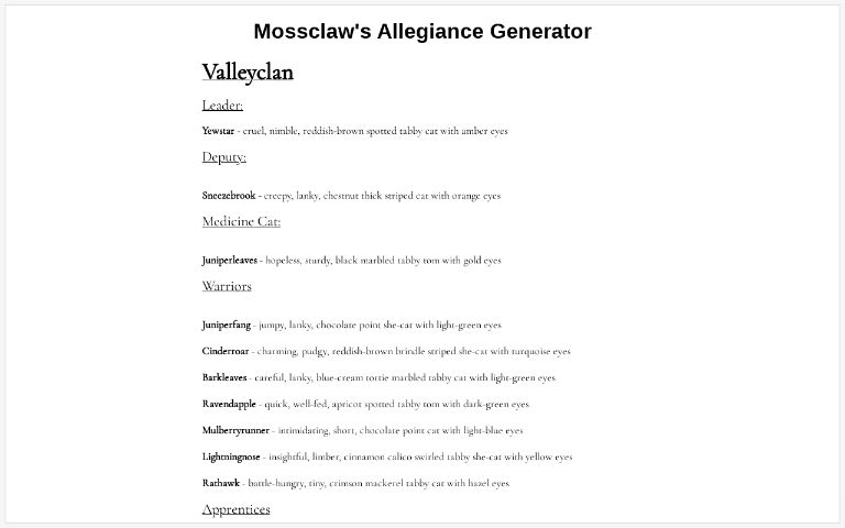 Mossclaw's Allegiance Generator