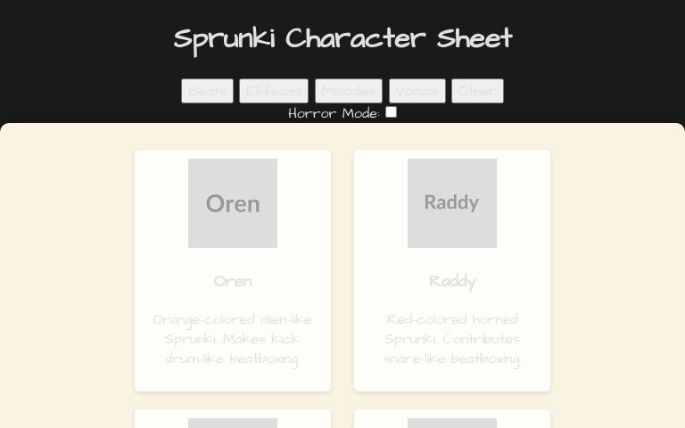 Sprunki Character Sheet ― Perchance Generator