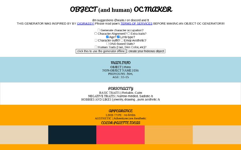 OBJECT (and human) OC MAKER ― Perchance Generator