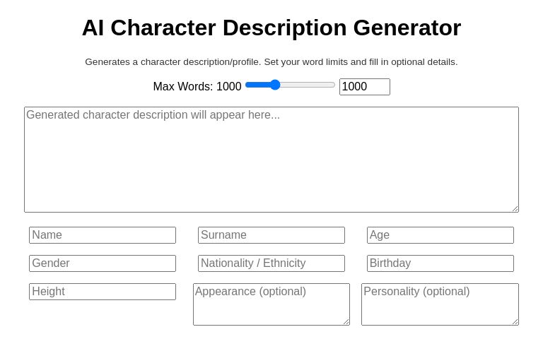 Detailed Character Description Generator
