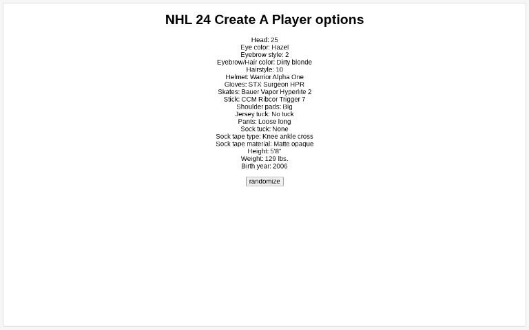 NHL 24 Create A Player options ― Perchance Generator