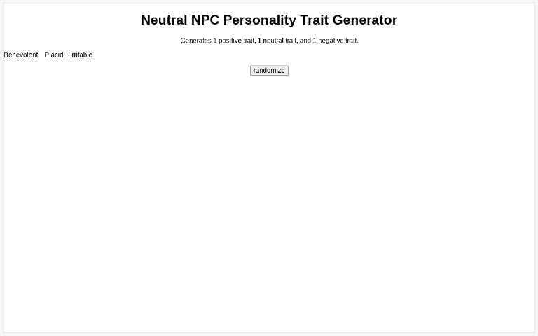 Neutral NPC Personality Trait Generator