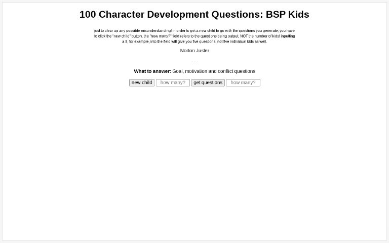 100 Character Development Questions: BSP Kids ― Perchance Generator