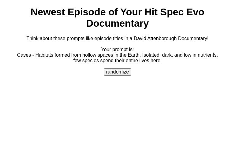 Newest Episode of Your Hit Spec Evo Documentary ― Perchance Generator