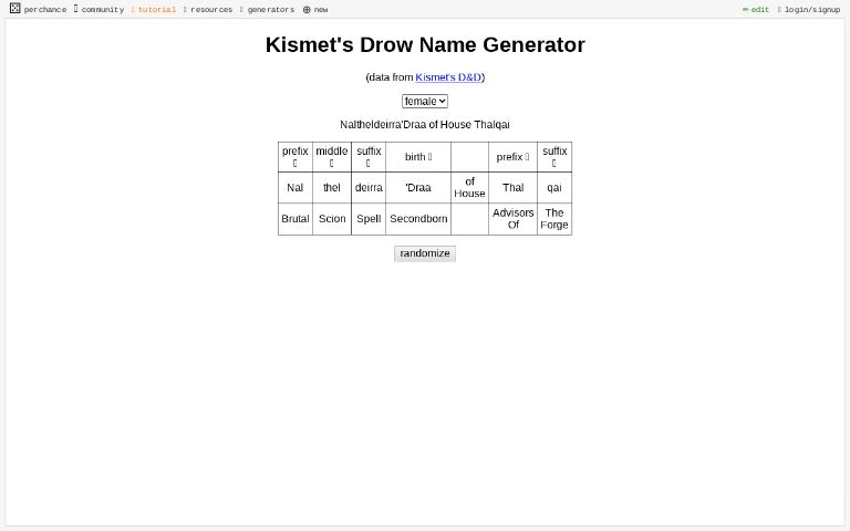 Kismet's Drow Name Generator