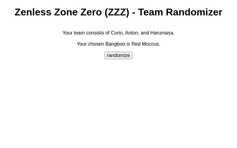 Zenless Zone Zero (ZZZ) - Team Randomizer ― Perchance Generator