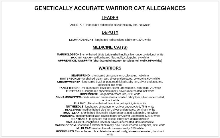 GENETICALLY ACCURATE WARRIOR CAT ALLEGIANCES ― Perchance Generator