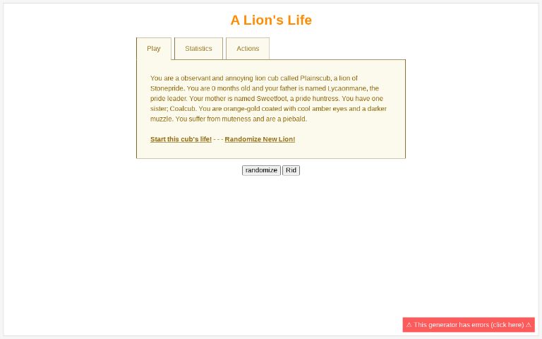 A Lion's Life! ― Perchance Generator