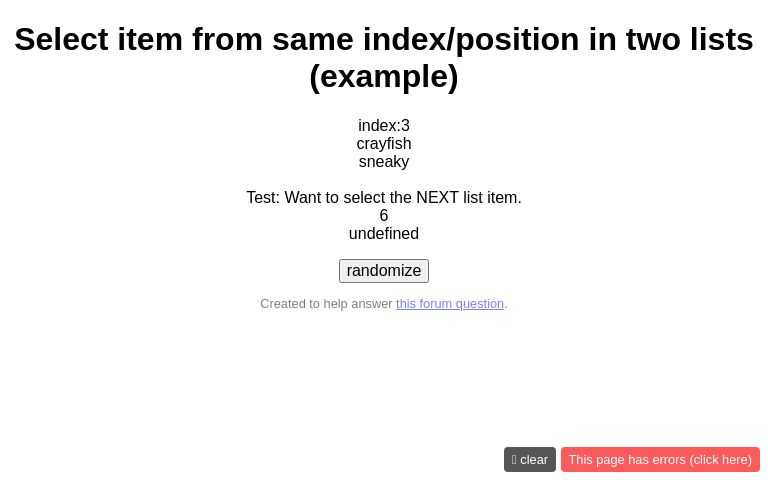 Select item from same index/position in two lists (example) ― Perchance ...