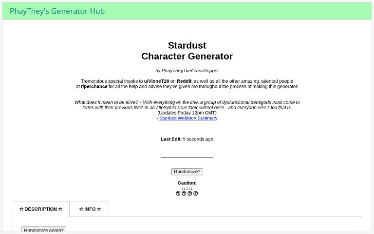 Stardust Character Generator