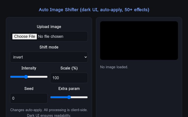 Auto Image Shifter (dark UI, auto-apply, 50+ effects) ― Perchance Generator
