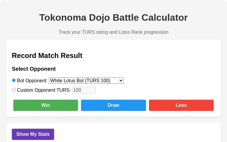 Tokonoma Dojo Battle Calculator ― Perchance Generator