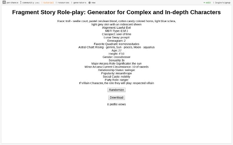 Fragment Story Role-play: Generator for Complex and In-depth Characters