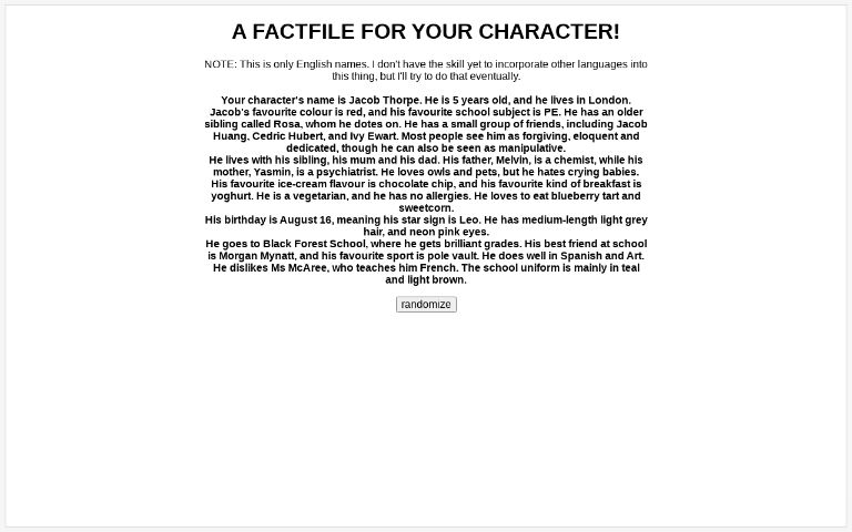 A FACTFILE FOR YOUR CHARACTER! ― Perchance Generator
