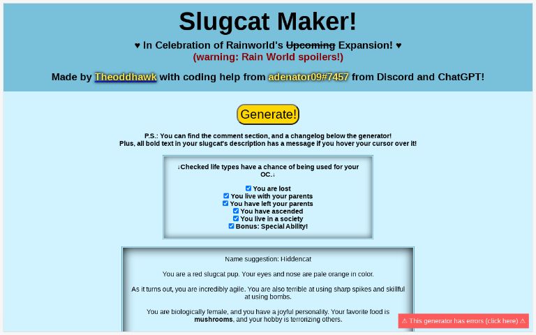 Slugcat Maker! ― Perchance Generator
