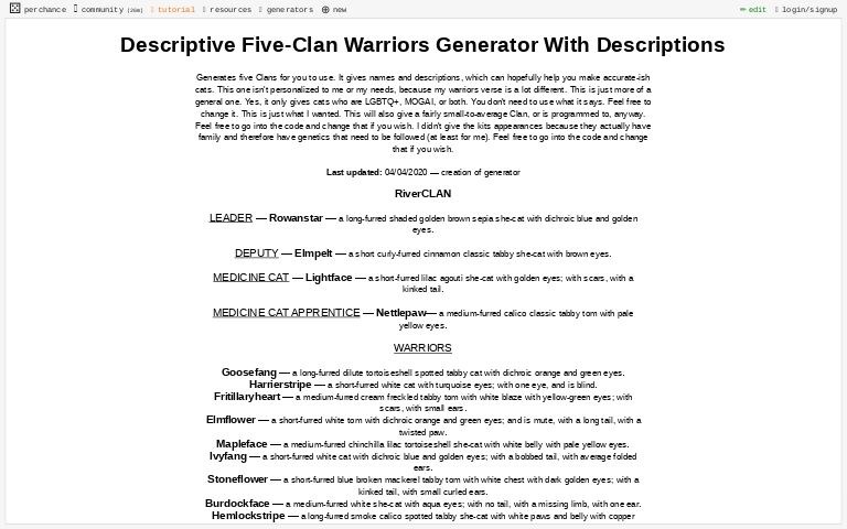 Descriptive Five-Clan Warriors Generator With Descriptions