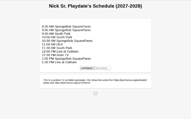 Nick Sr. Playdate's Schedule (2027-2028) ― Perchance Generator