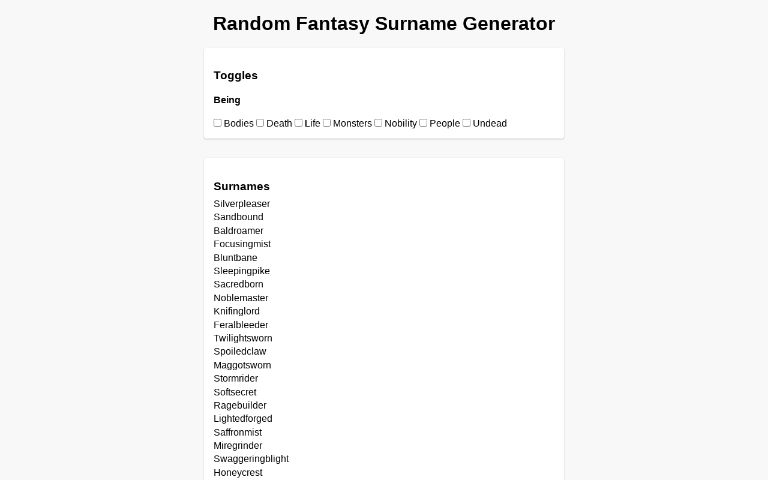 Random Fantasy Surname Generator