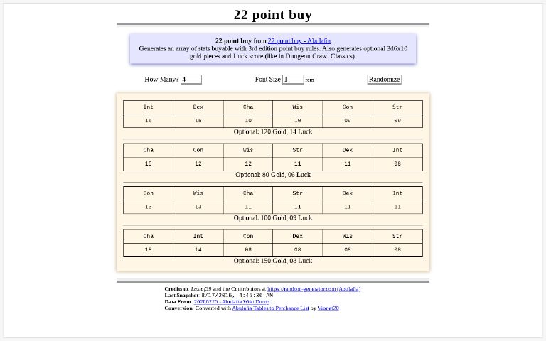 22 point buy ― Perchance Generator