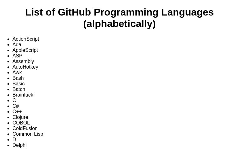 List of GitHub Programming Languages (alphabetically) ― Perchance Generator