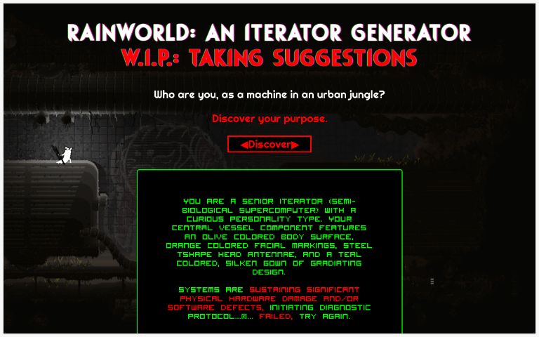 Rainworld: An Iterator Generator W.I.P.: Taking suggestions