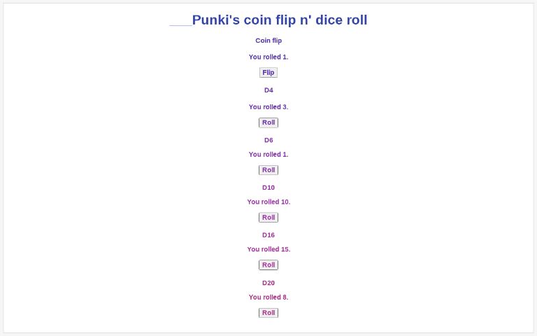 ___Punki's coin flip n' dice roll ― Perchance Generator