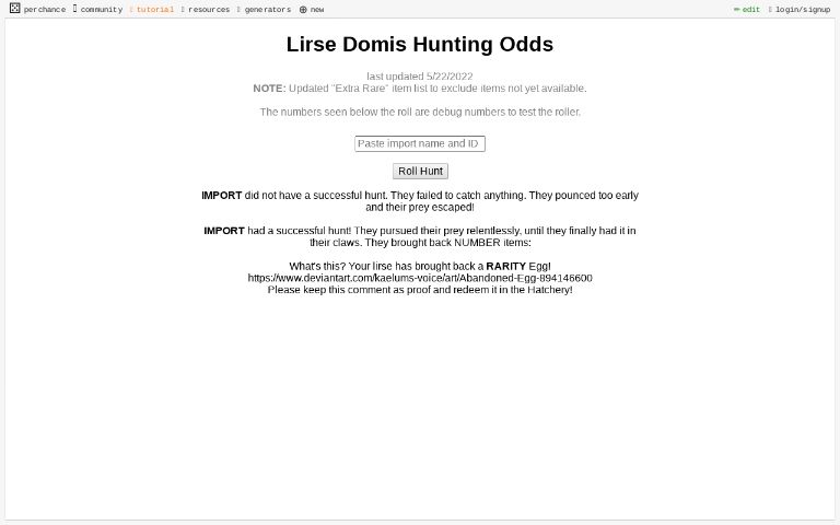 Lirse Domis Hunting Odds ― Perchance Generator