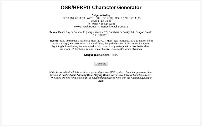 OSR/BFRPG Character Generator
