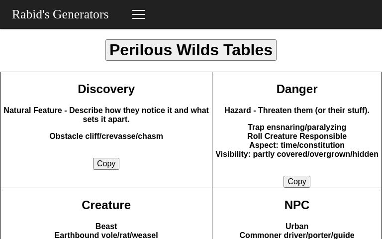 Perilous Wilds Tables ― Perchance Generator