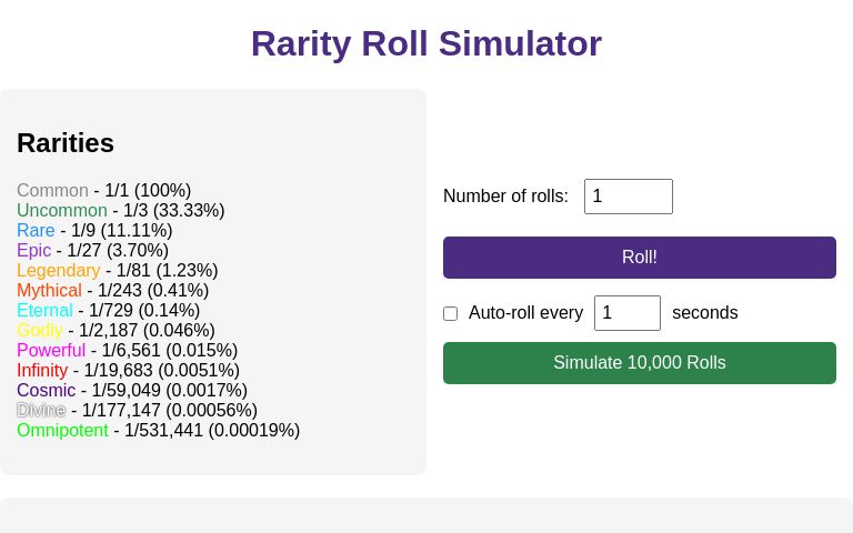 Rarity Roll Simulator ― Perchance Generator
