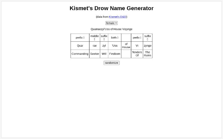 Kismet's Drow Name Generator