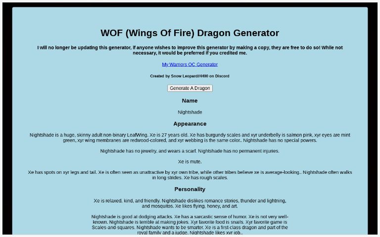 WOF (Wings Of Fire) Dragon Generator