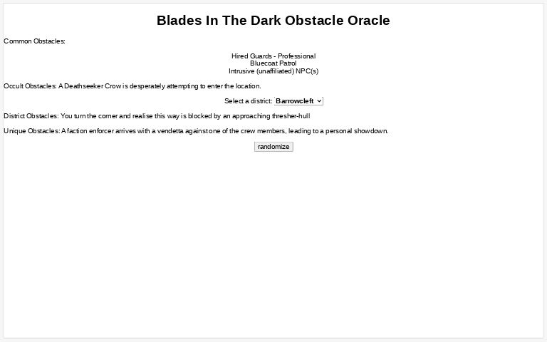 Blades In The Dark Obstacle Oracle ― Perchance Generator