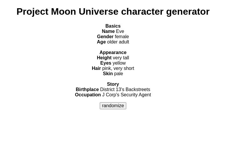 Project Moon Universe character generator