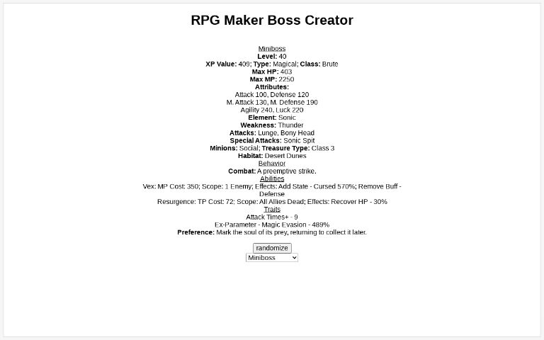 RPG Maker Boss Creator ― Perchance Generator