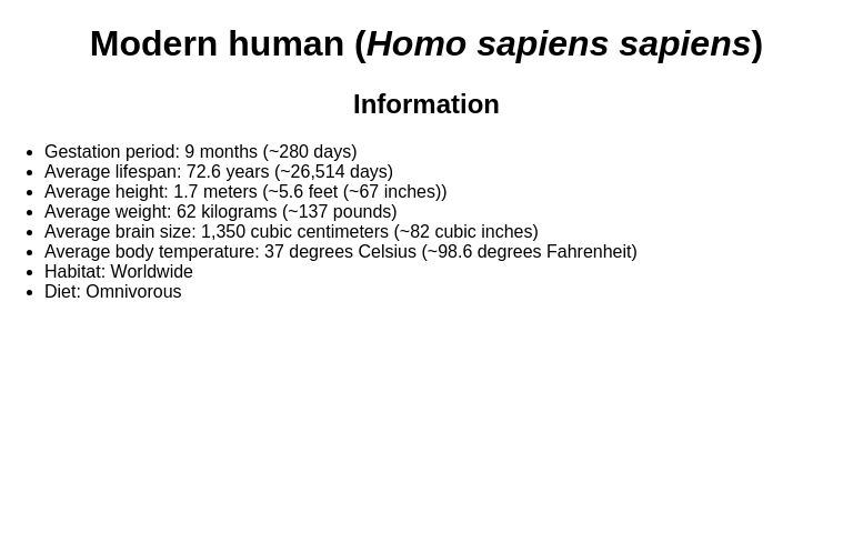 Modern human (Homo sapiens sapiens) ― Perchance Generator