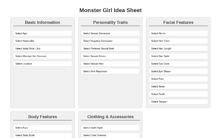 Monster Girl Idea Sheet ― Perchance Generator