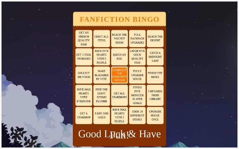 Fanfiction Bingo ― Perchance Generator