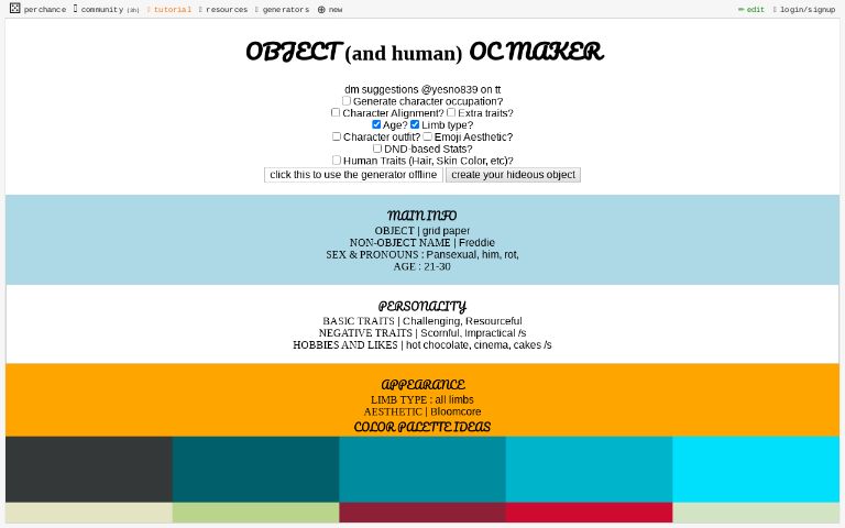 OBJECT (and human) OC MAKER ― Perchance Generator