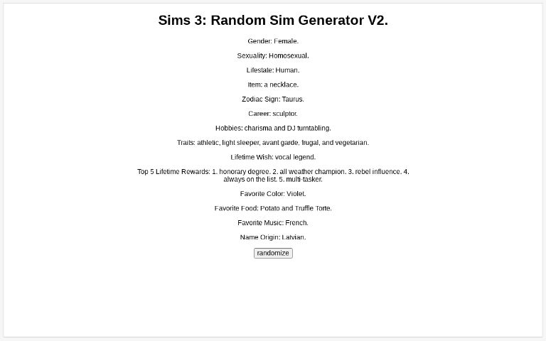 Sims 3: Random Sim Generator V2.