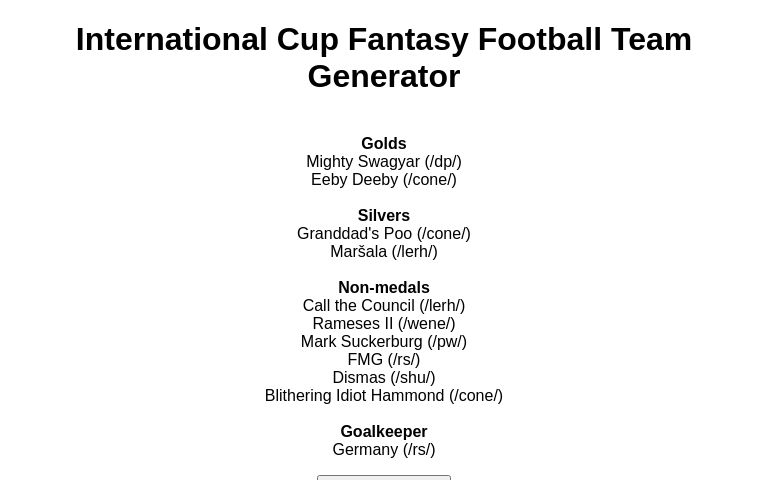 International Cup Fantasy Football Team Generator