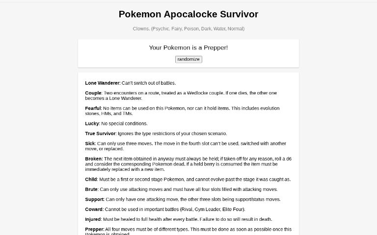 Pokemon Apocalocke Survivor ― Perchance Generator