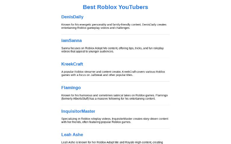 Best Roblox YouTubers ― Perchance Generator
