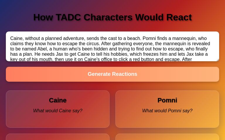How TADC Characters Would React ― Perchance Generator