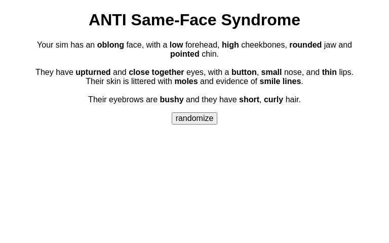 ANTI Same-Face Syndrome ― Perchance Generator
