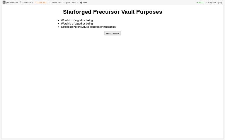 Starforged Precursor Vault Purposes ― Perchance Generator